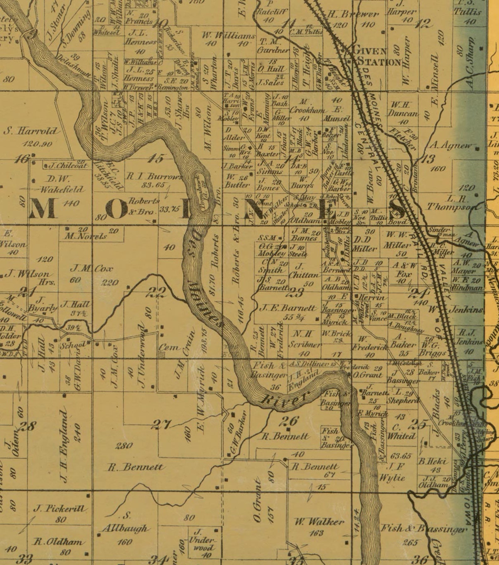 Mahaska County Iowa 1871 Old Wall Map With Landowner Names Farm Lines ...