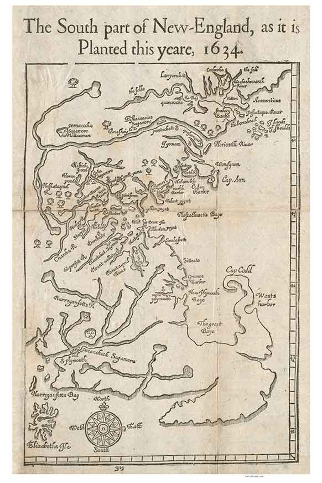 New England 1634 Old Map Cape Cod Boston Early Woodcut Reprint William ...