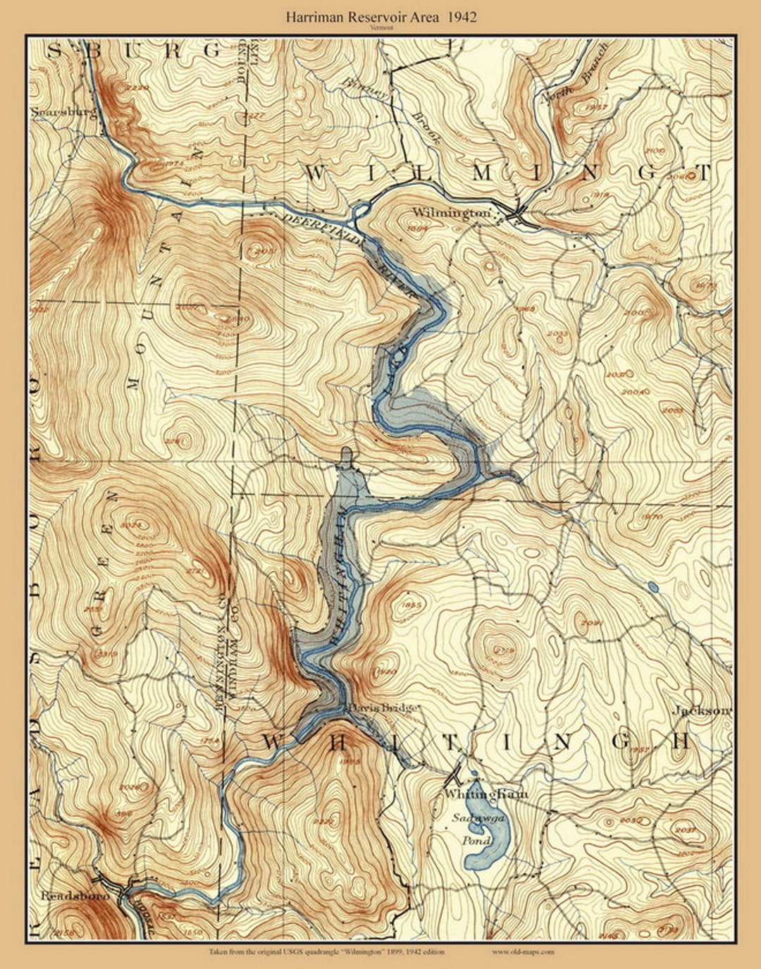Harriman Reservoir 1942 Old Topographic Map USGS Custom Composite ...