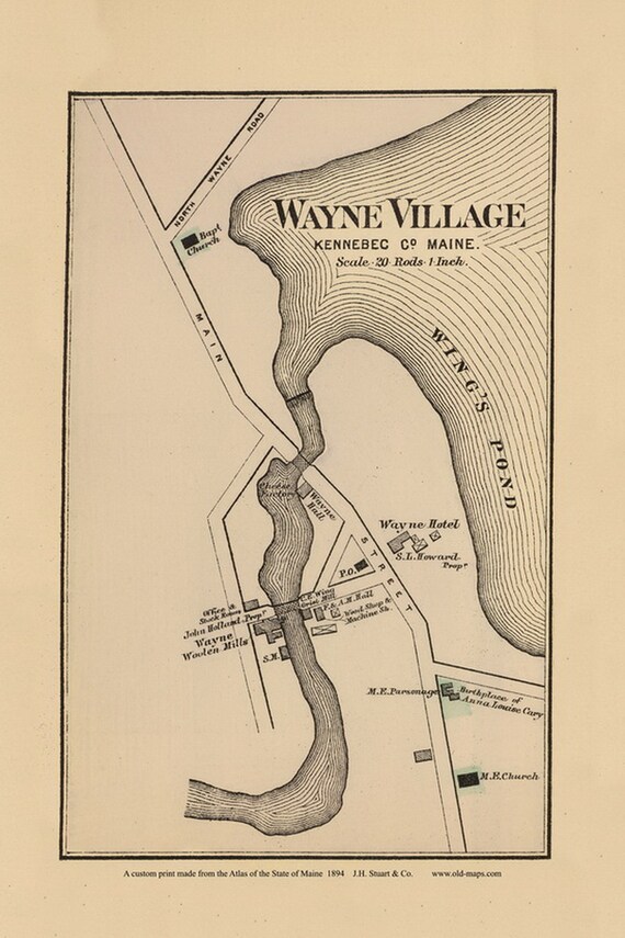 Wayne Village 1894 Old Map Reprint Maine State Atlas Stuart | Etsy