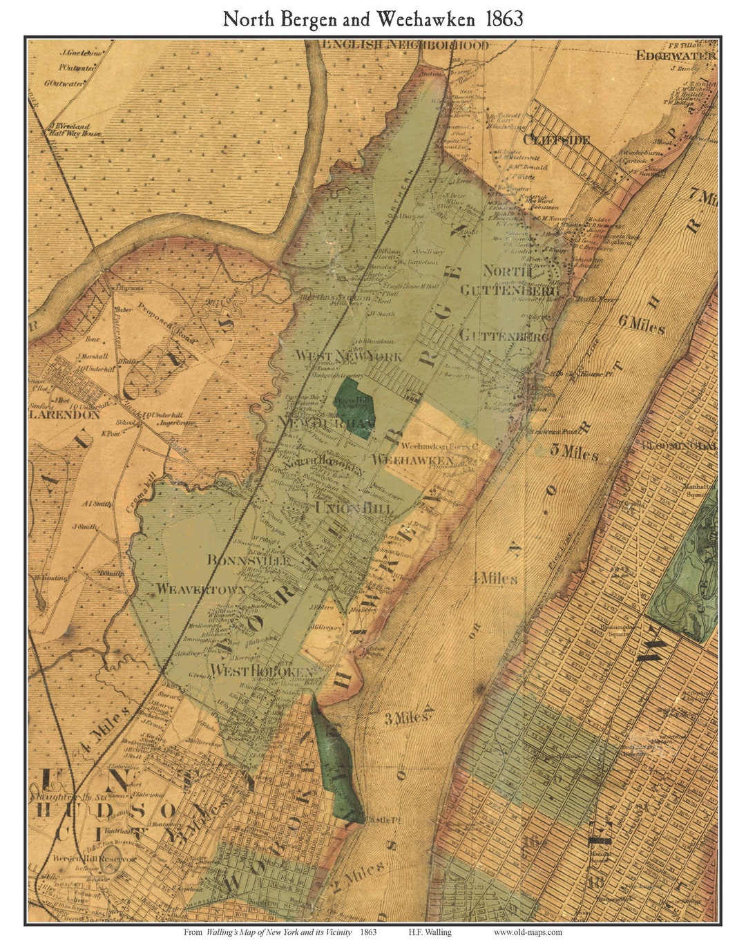 North Bergen Weehawken 1863 Old Town Map - With Homeowner Names New ...