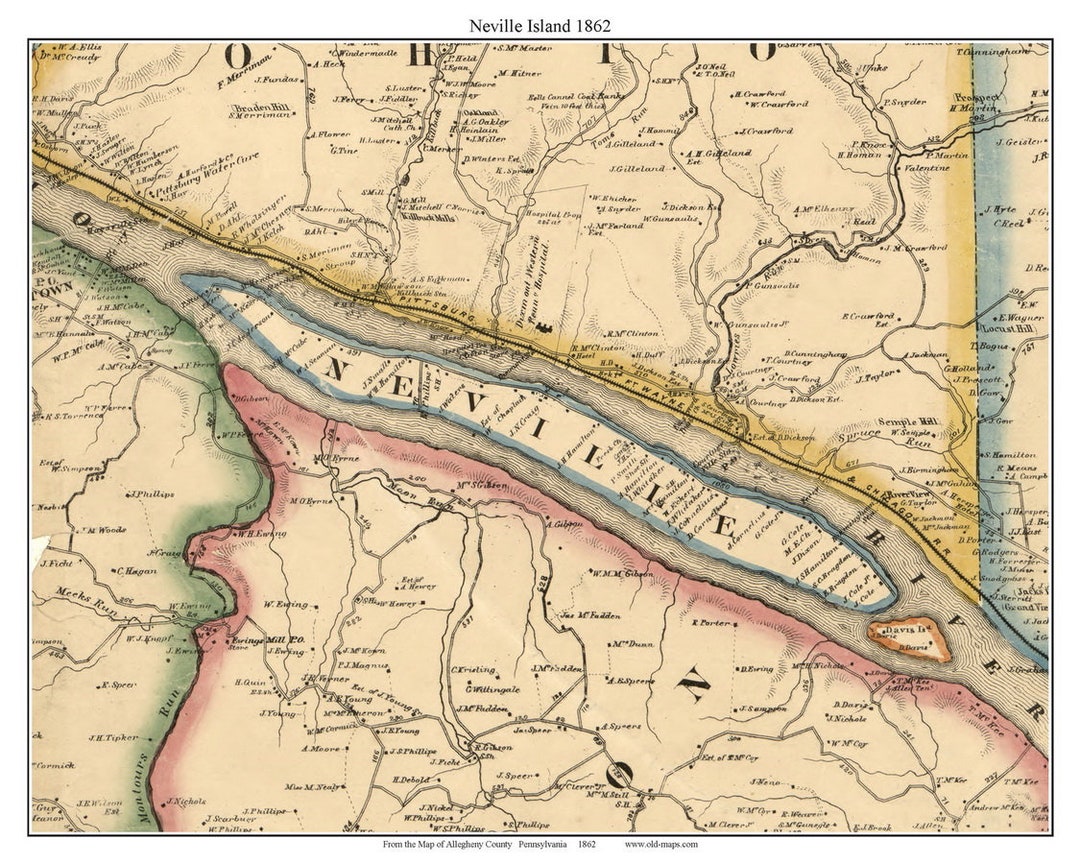 Neville Island 1862 Old Town Map With Homeowner Names - Pennsylvania ...