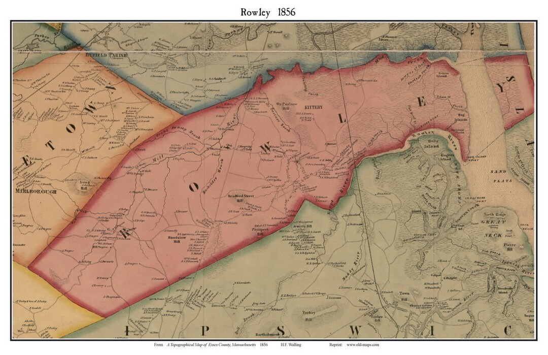 Rowley Massachusetts 1856 Old Town Map With Homeowner Names Reprint ...
