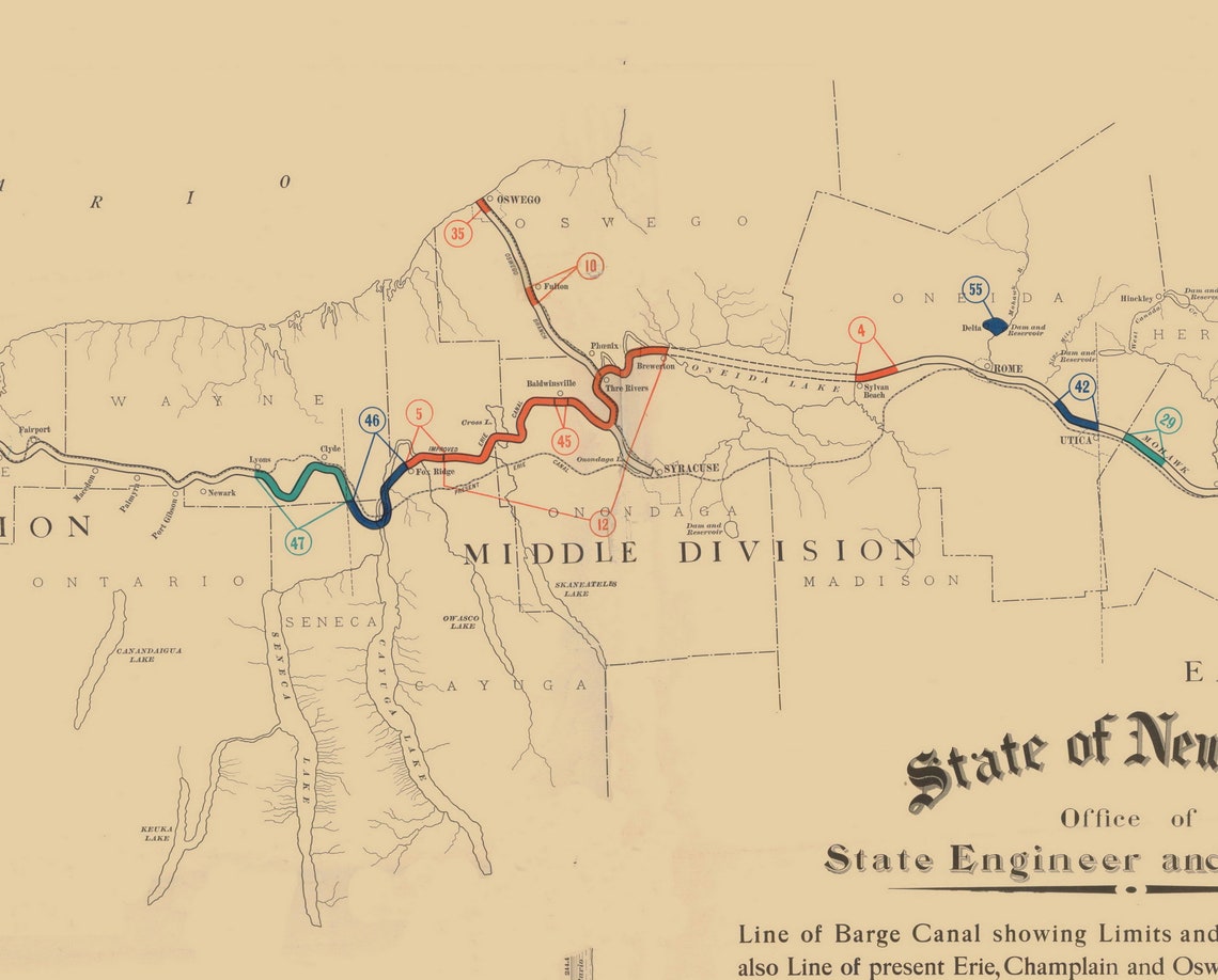 Erie Canal 1908 Old Map Reprint New York Regional Canals - Etsy