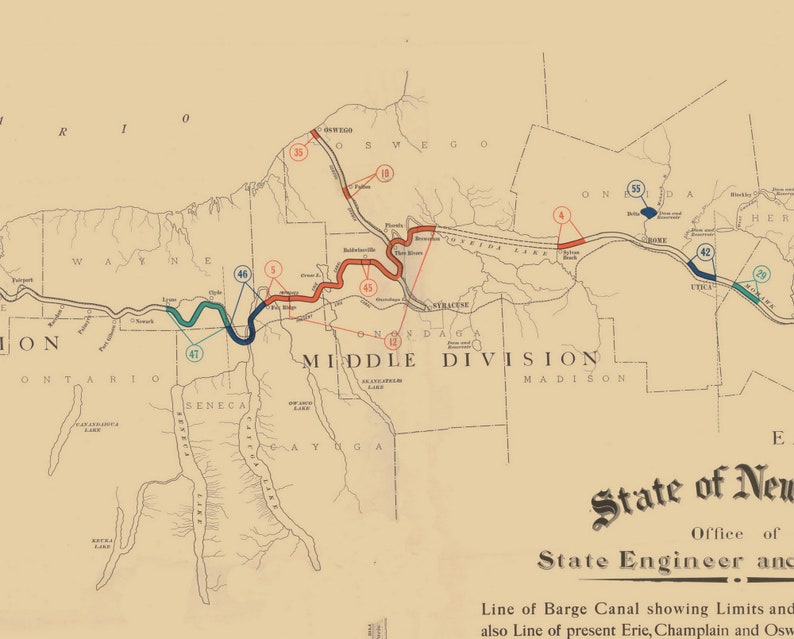 Erie Canal 1908 Old Map Reprint New York Regional Canals - Etsy