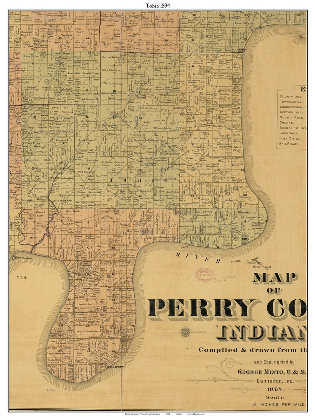 Tobin 1894 Old Town Map With Homeowner Names Indiana Tobinsport Reprint ...