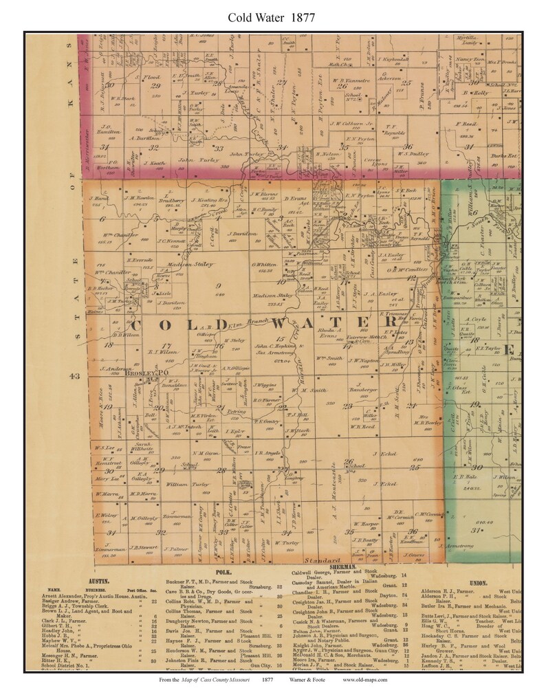 Cold Water 1877 Old Town Map With Homeowner Names - Brosley - Missouri ...