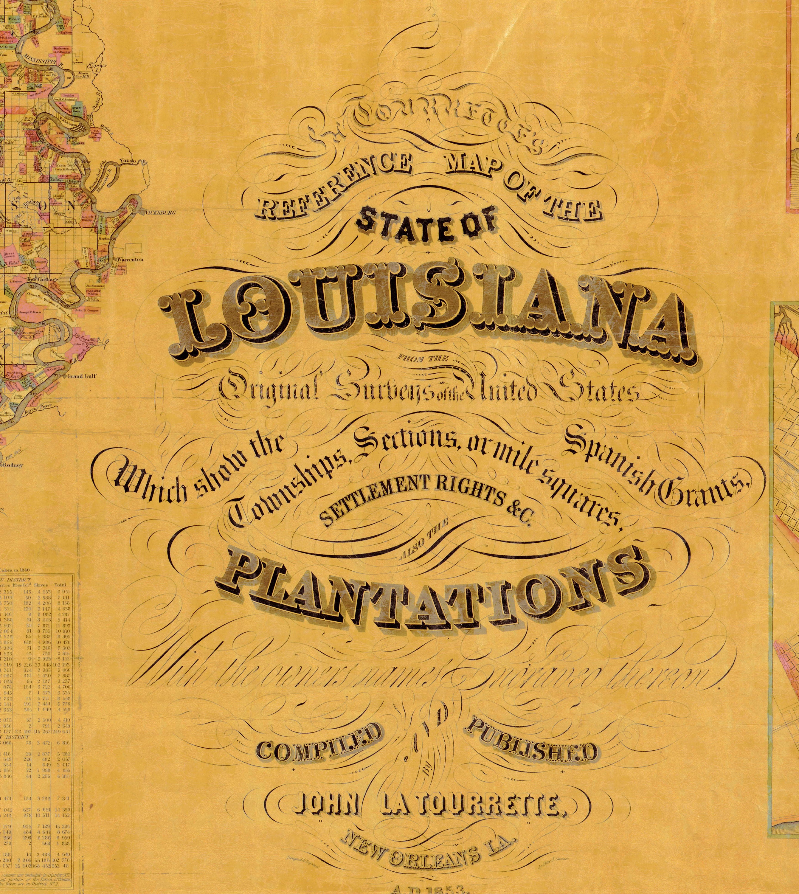 Louisiana 1853 State Map With Landowner Names Plantations - Etsy