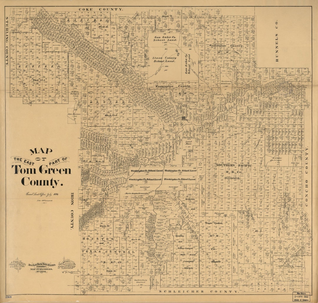 Tom Green County, Texas East Part 1894 Old Wall Map Reprint With Land ...