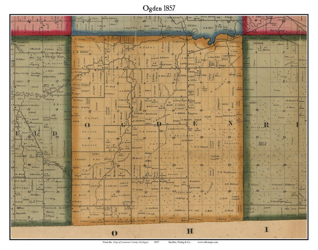 Ogden 1857 Old Town Map With Homeowner Names - Michigan - Reprint ...
