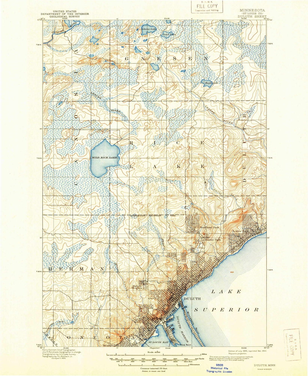 Duluth 1895 1944 Old Topo Map Quad Reprint USGS Topographic Minnesota ...