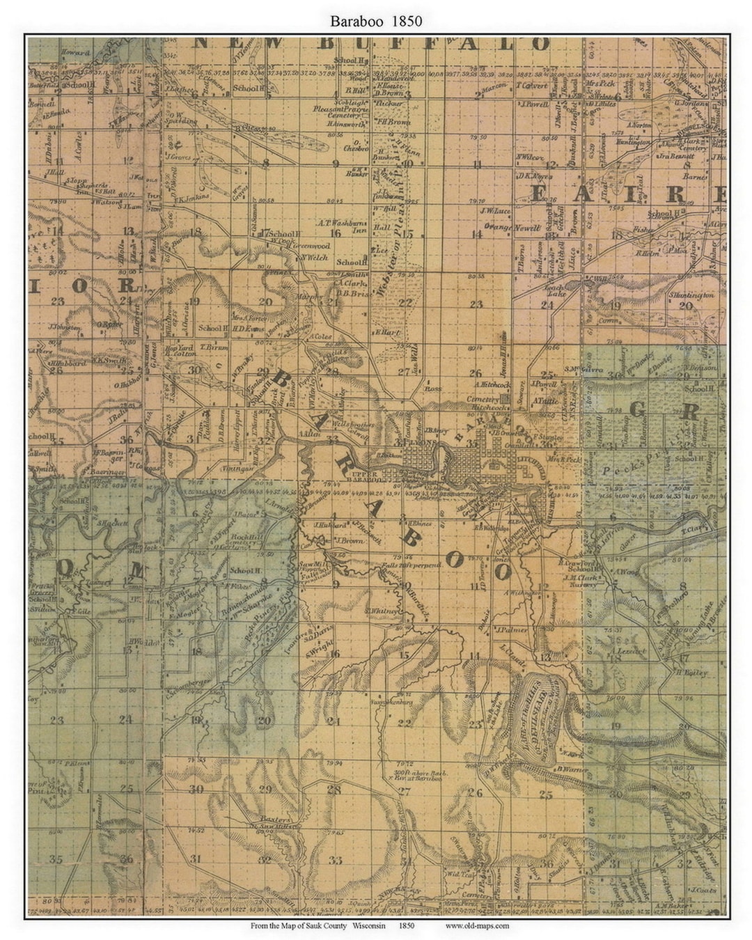Baraboo 1850 - Old Town Map With Homeowner Names - Devil's Lake or Lake ...