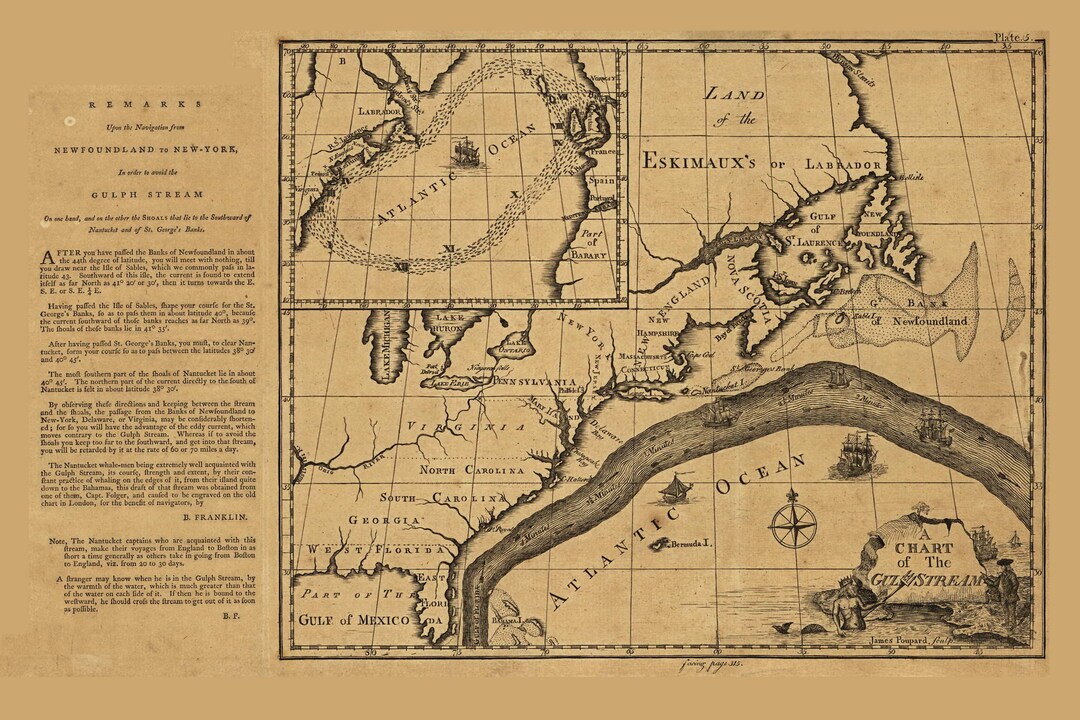Chart of the Gulf Stream, 1778 Poupard - Benjamin Franklin - Old Map ...