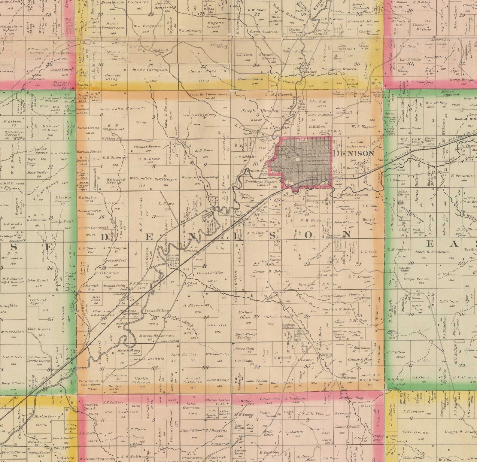 Crawford County Iowa 1883 Old Wall Map With Landowner Names Farm Lines ...