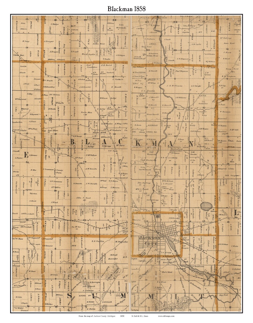 Blackman 1858 Old Town Map With Homeowner Names - Jackson City ...