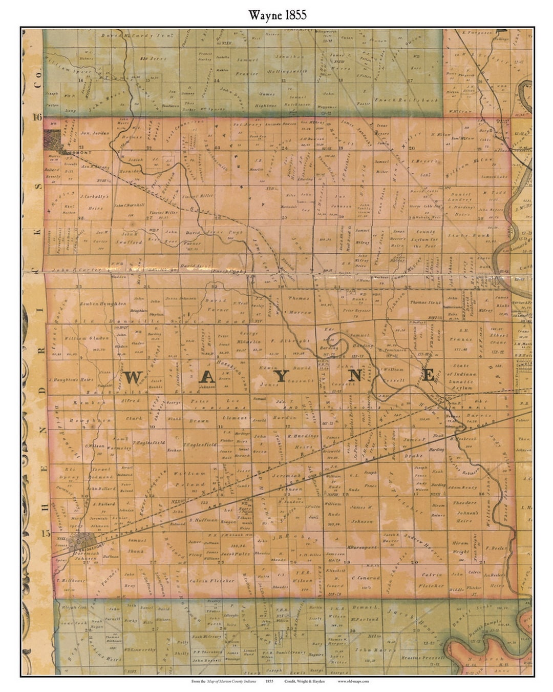 Wayne 1855 Old Town Map With Homeowner Names Indiana Clermont ...