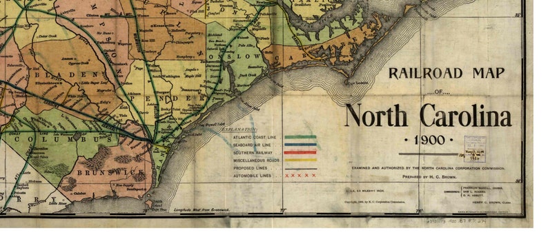 North Carolina 1900 Railroad Map H.C. Brown Reprint State | Etsy