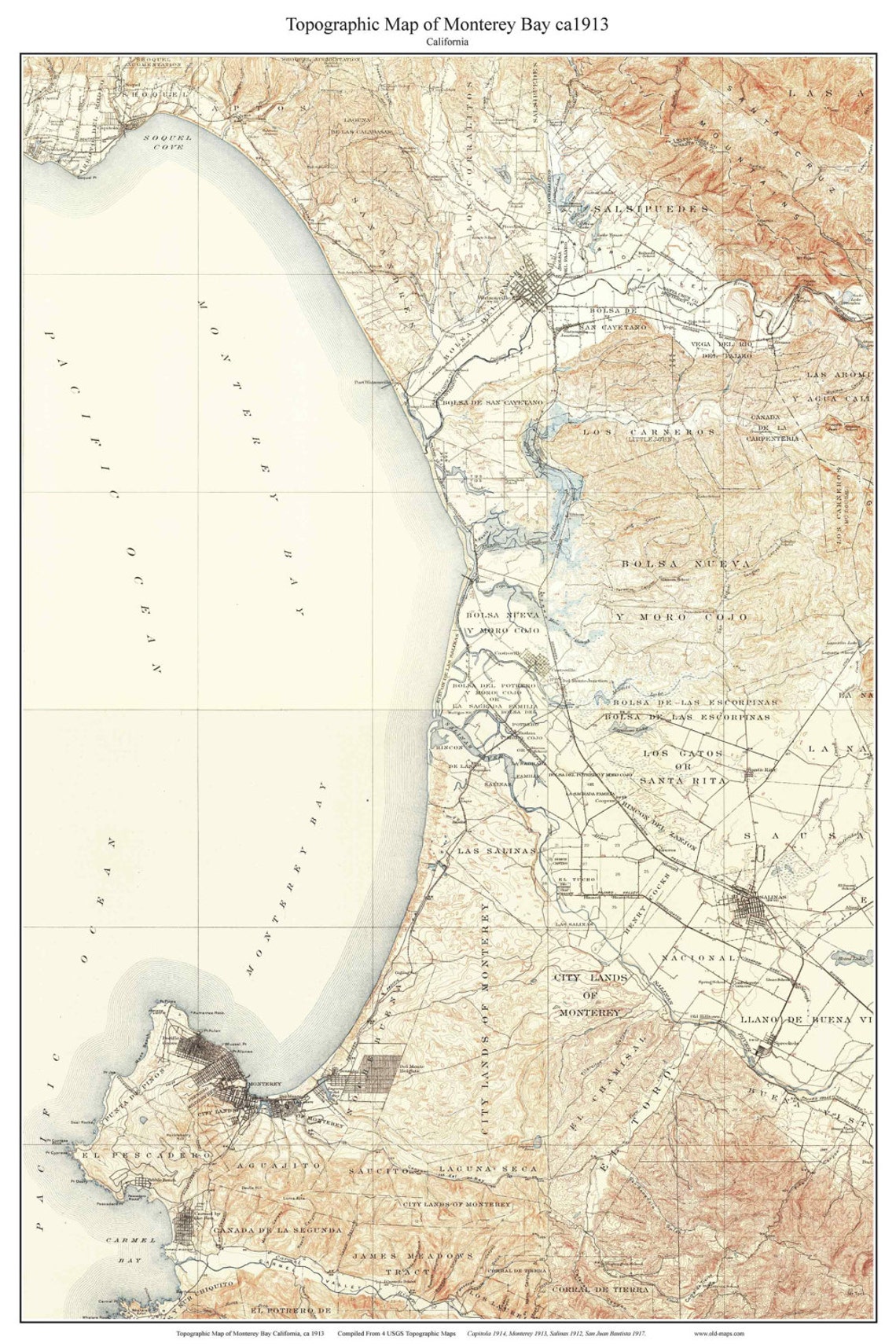 Monterey Bay Ca1913 Custom USGS Old Topo Map Monterey - Etsy