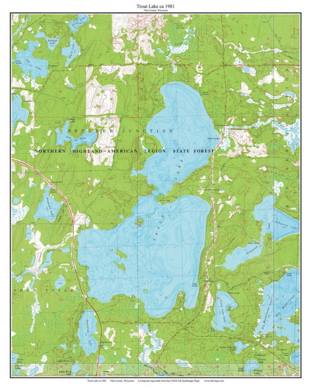 Trout Lake 1981 - USGS Old Topographic Map Custom Composite Wisconsin 4 ...