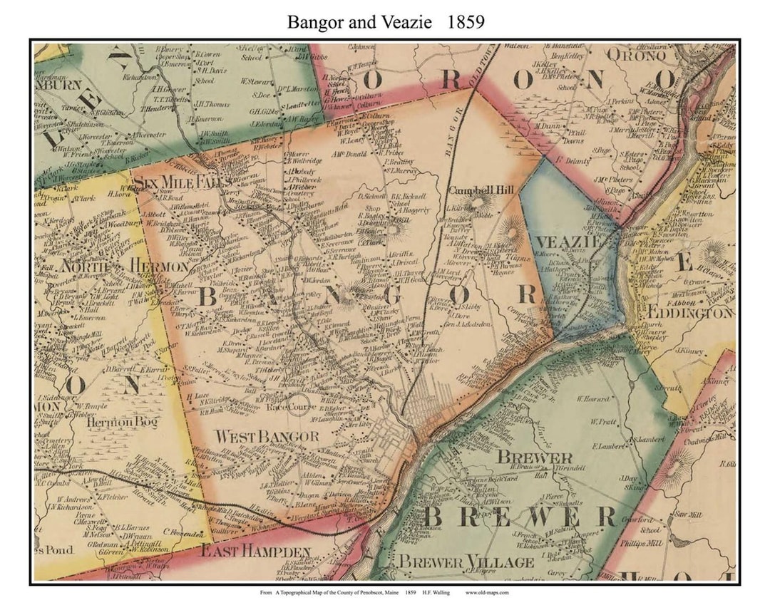 Bangor and Veazie 1859 Old Town Map With Homeowner Names Maine ...