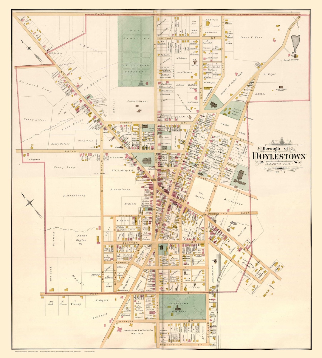 Doylestown Borough 1891 Old Town Map With Homeowner Names Pennsylvania ...