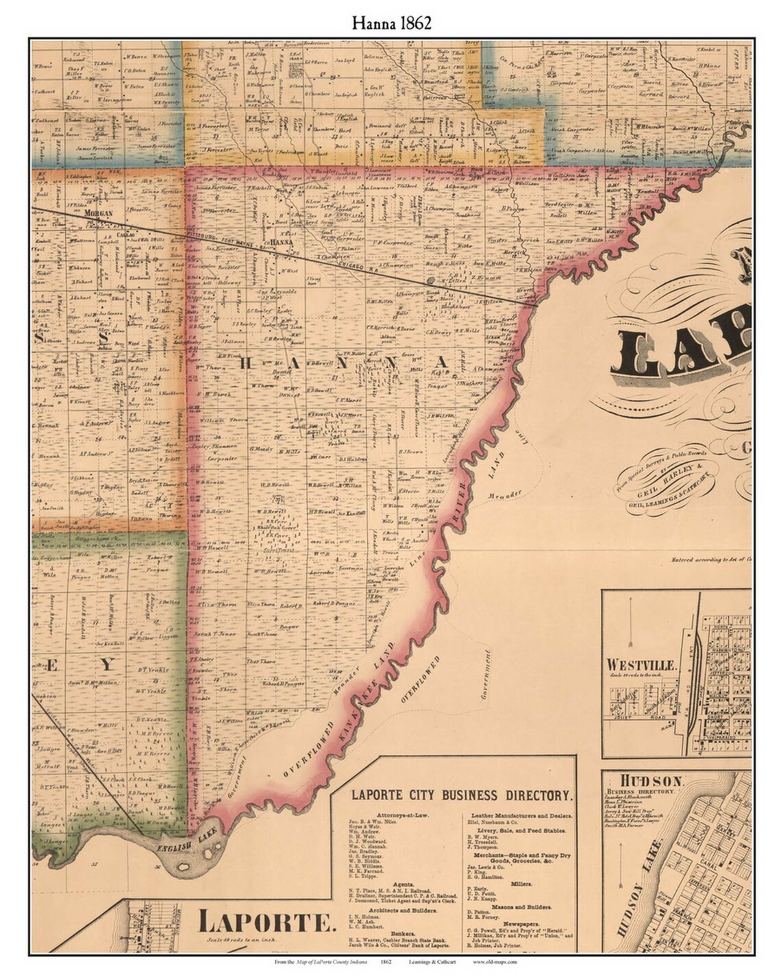 Hanna 1862 Old Town Map With Homeowner Names Indiana English Lake ...