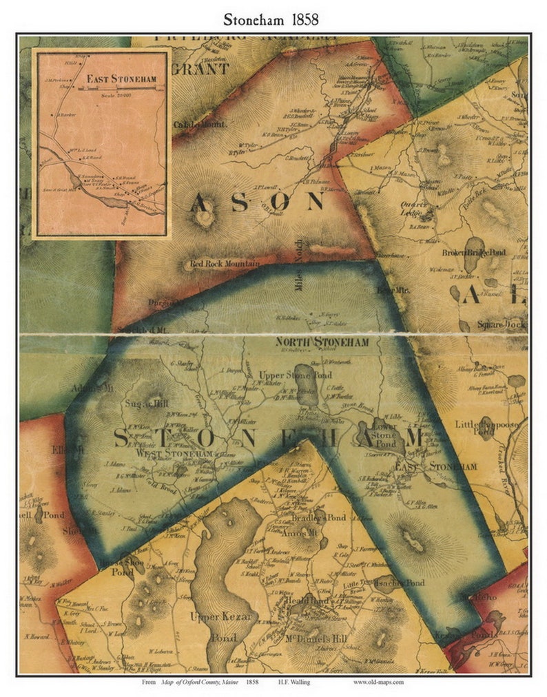 Stoneham 1858 Old Town Map With Homeowner Names Maine East Stoneham ...