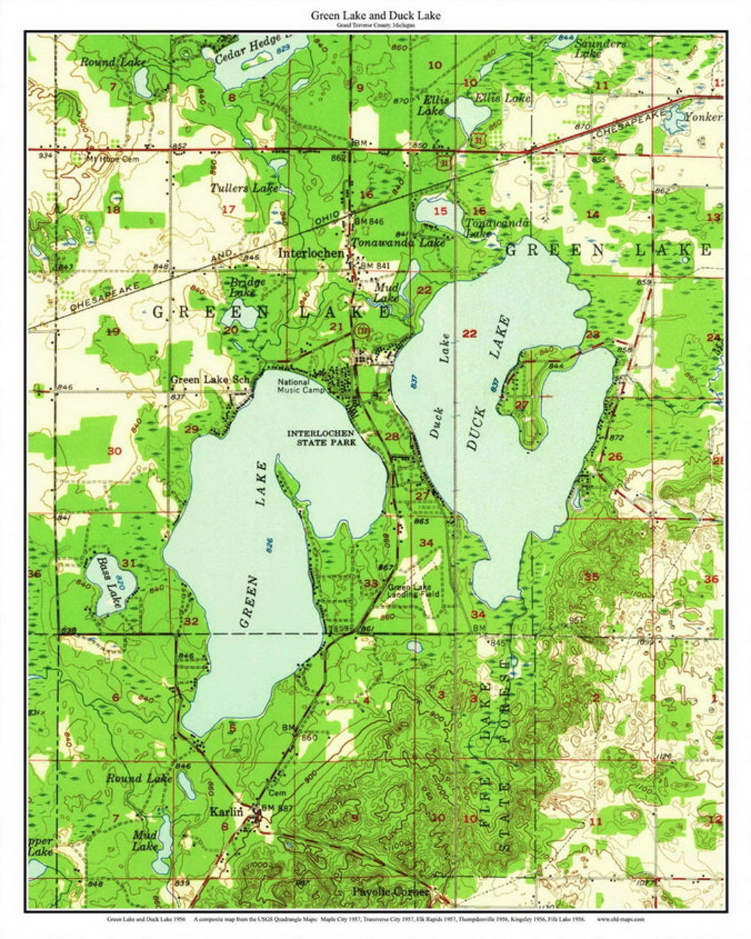 Green Lake & Duck Lake - 1956 Map Reprint - Grand Traverse County ...