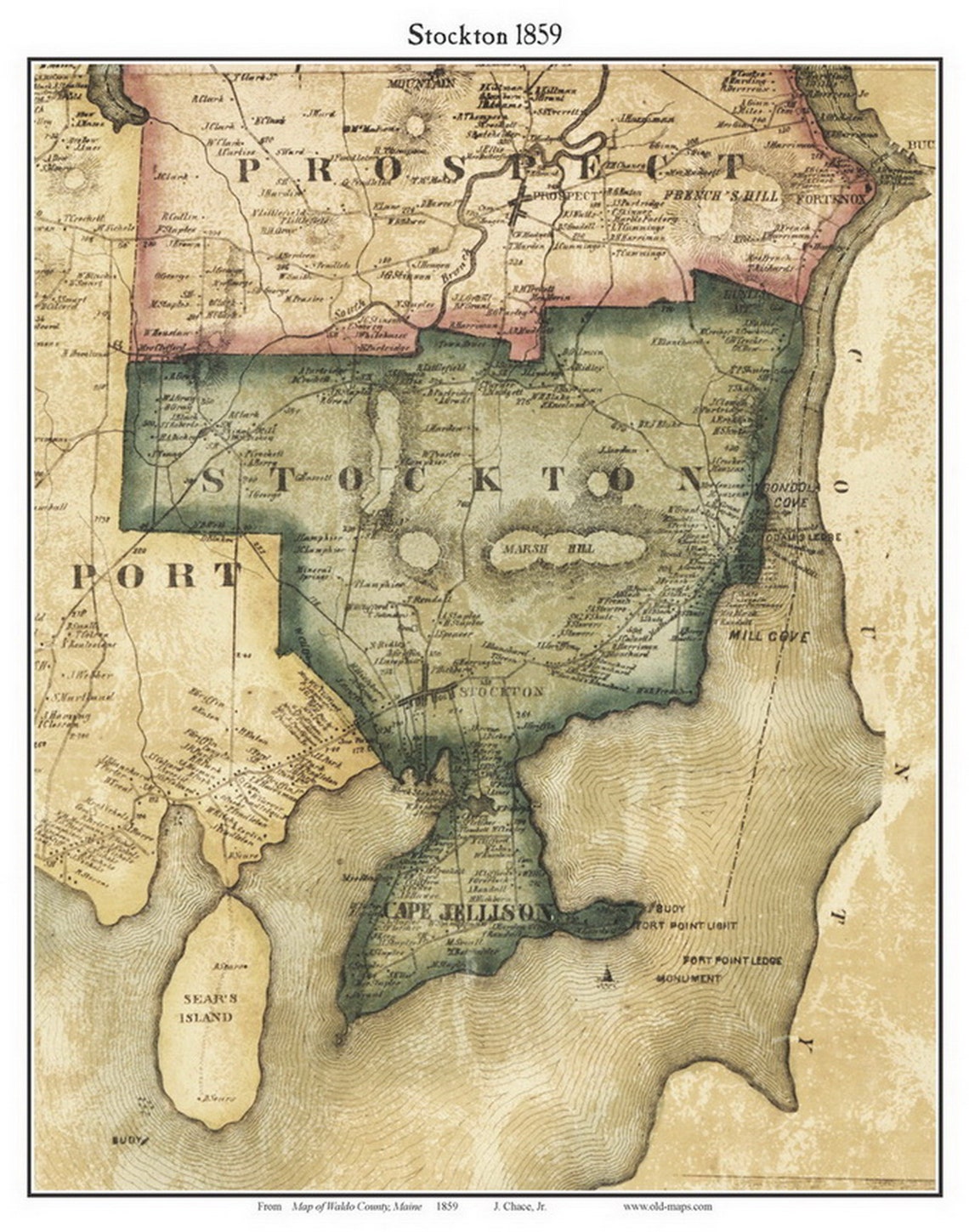Stockton 1859 Old Town Map With Homeowner Names Maine Cape | Etsy