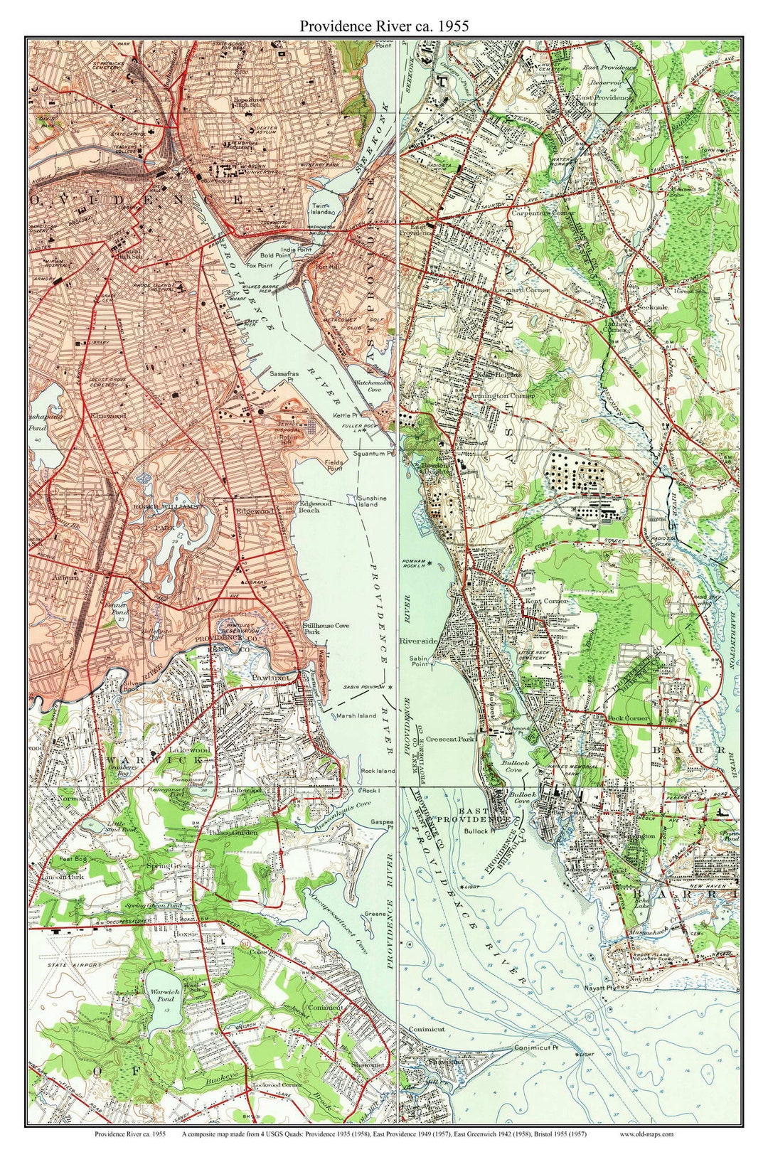 Providence River - 1955 Old Topographic Map USGS Pawtuxet Warwick ...