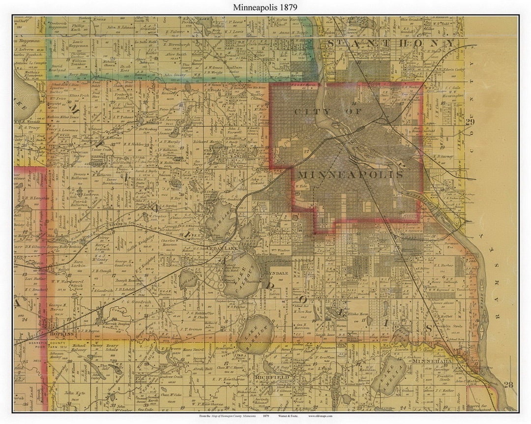 Minneapolis 1879 Old Town Map With Homeowner Names Minnesota - Reprint ...