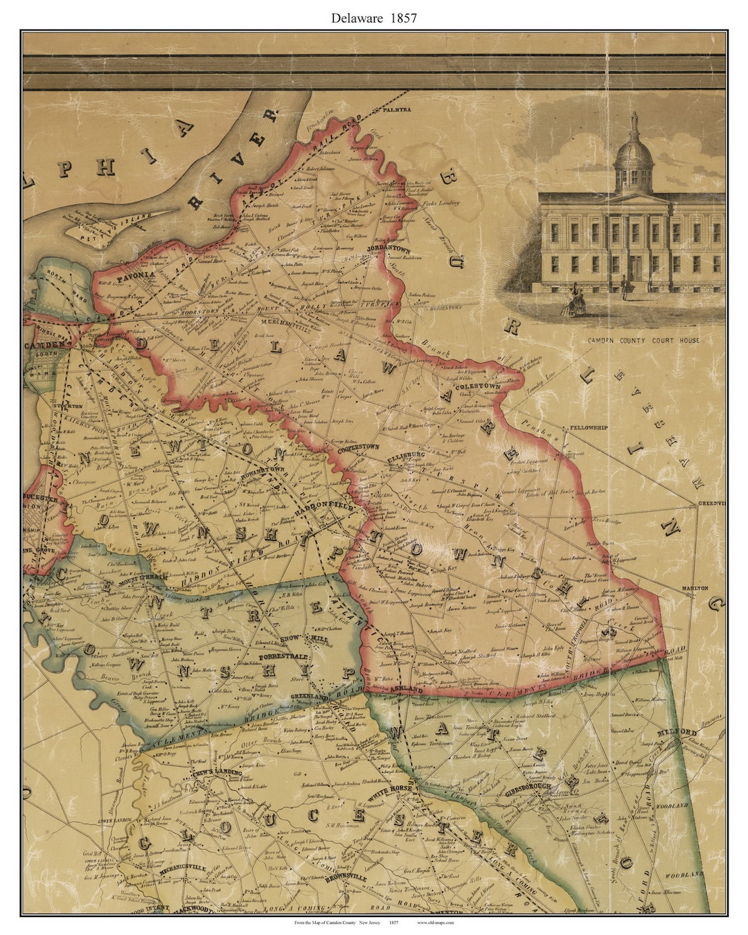 Delaware 1857 Old Town Map With Homeowner Names - New Jersey - Reprint ...