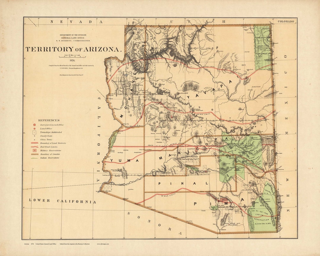 Arizona Territory 1876 Indian Reservations Old State Map Reprint - Etsy