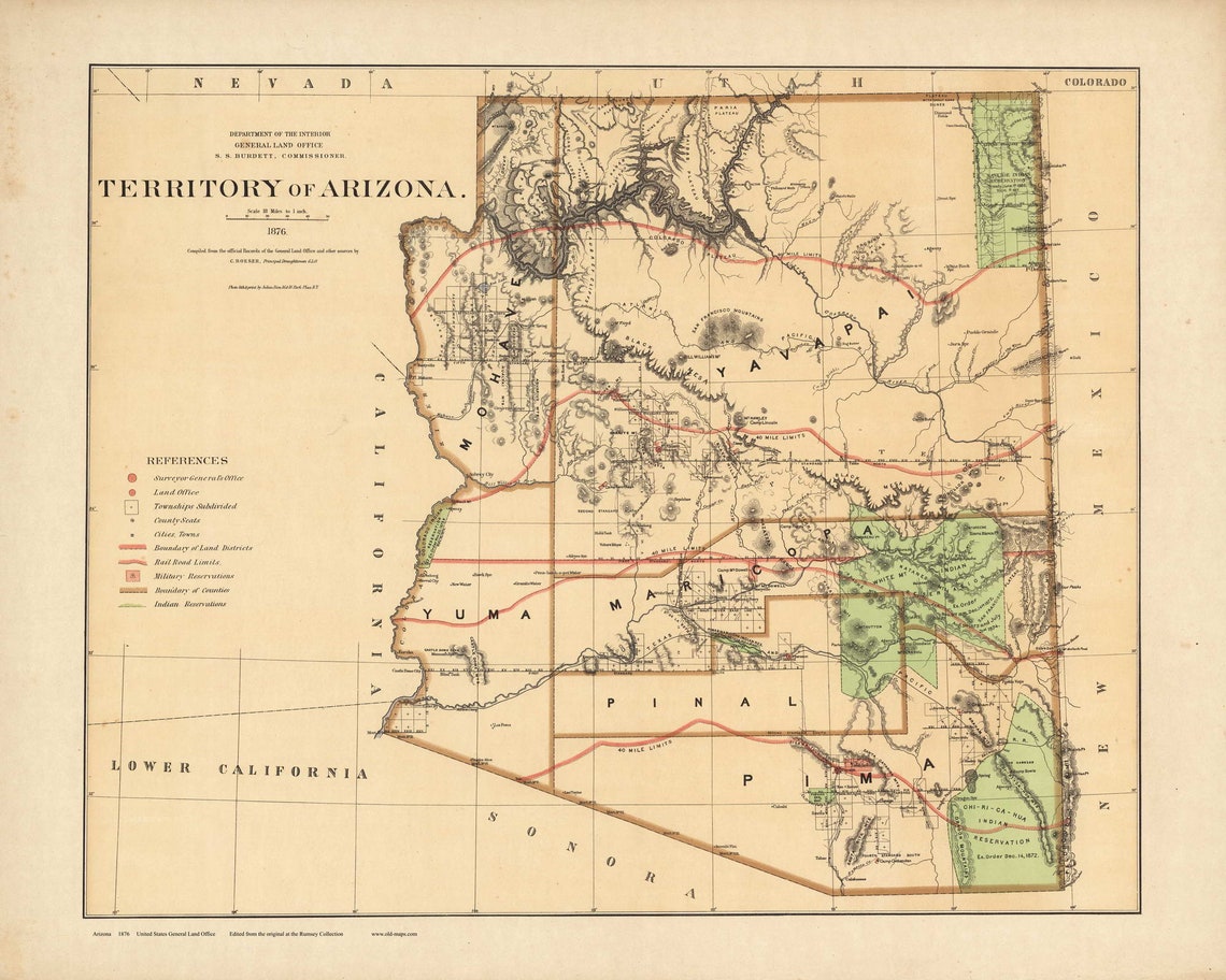 Arizona Territory 1876 Indian Reservations Old State Map Reprint - Etsy