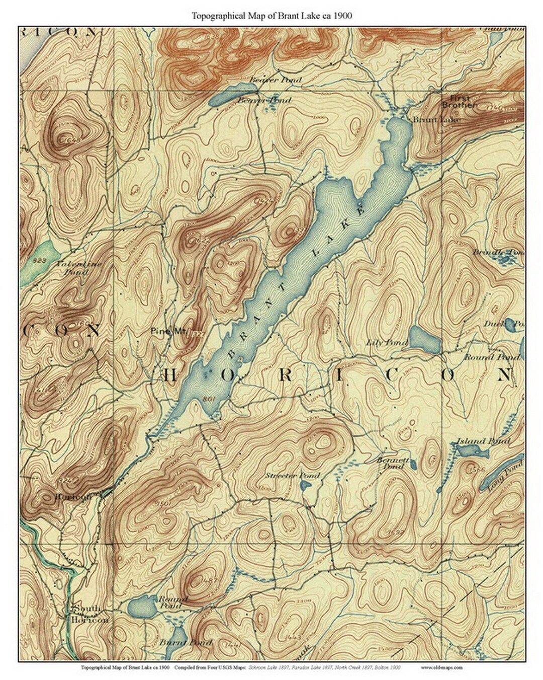 Brant Lake - 1900 USGS Old Topographic Map Custom Composite Reprint New ...
