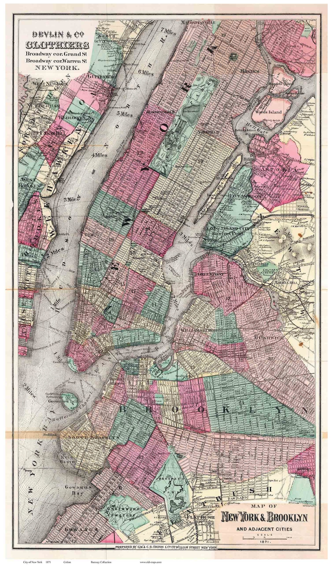 New York City and Brooklyn - 1871 Map Published by Devlin & Co ...
