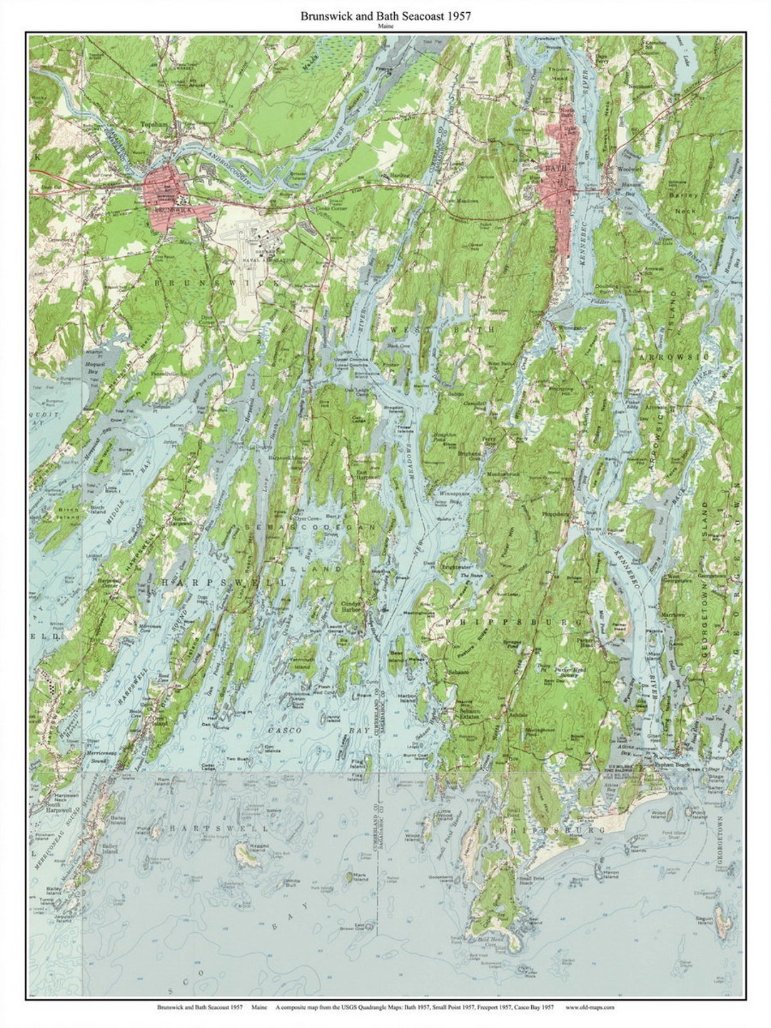 Brunswick and Bath 1957 Old Topographic Map USGS Custom Composite ...