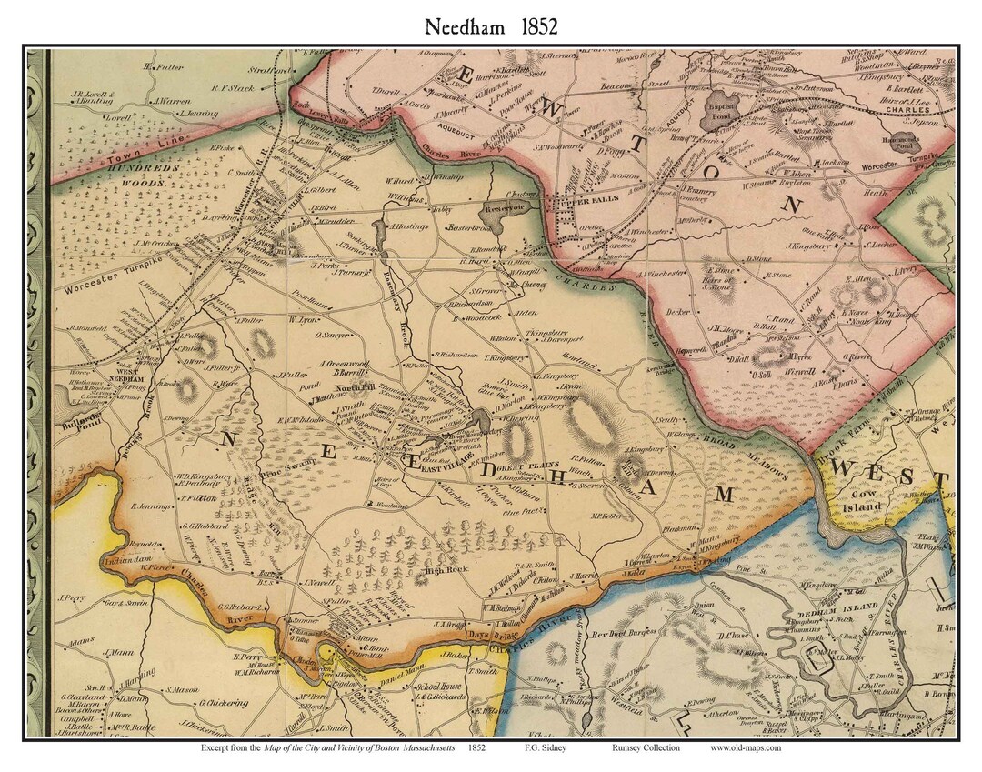 Needham 1852 Old Town Map With Homeowner Names Massachusetts - Reprint ...