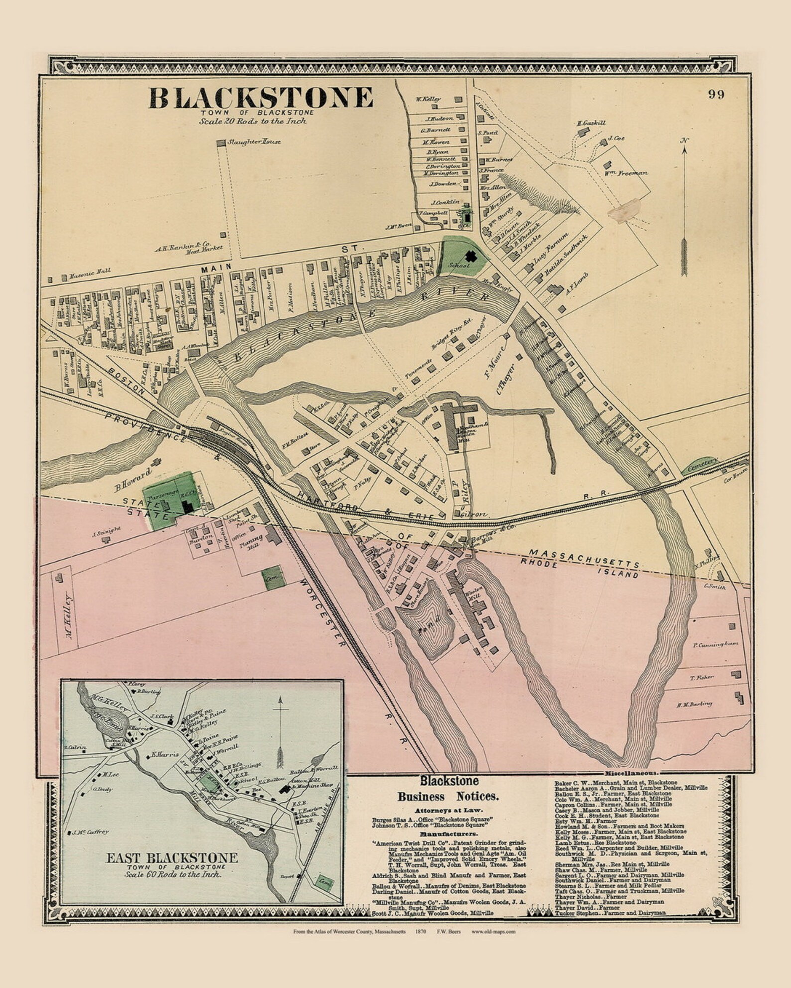 Blackstone Village 1870 Old Town Map With Homeowner Names Massachusetts ...