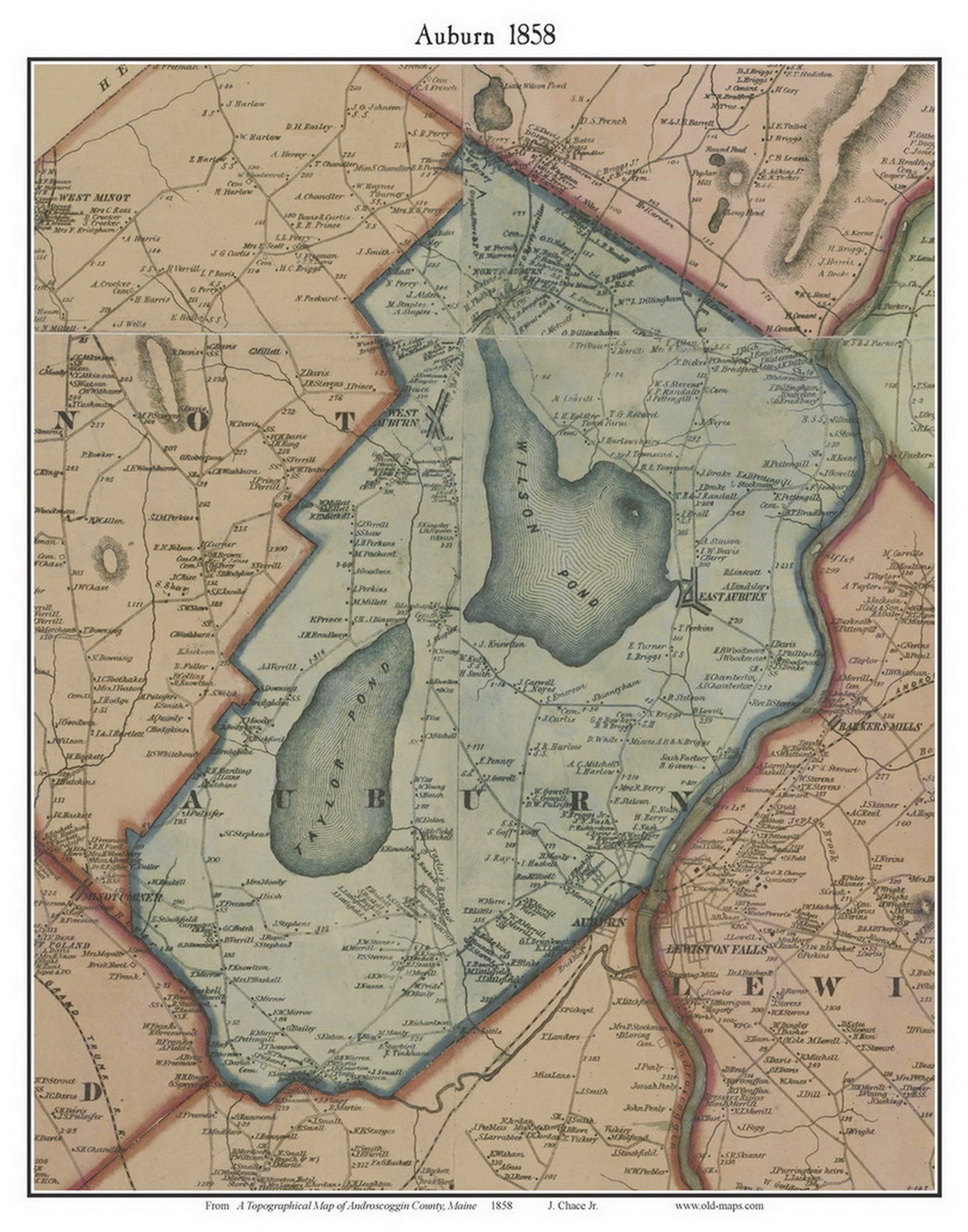 Auburn 1858 Old Town Map With Homeowner Names Maine Taylor Pond Wilson ...