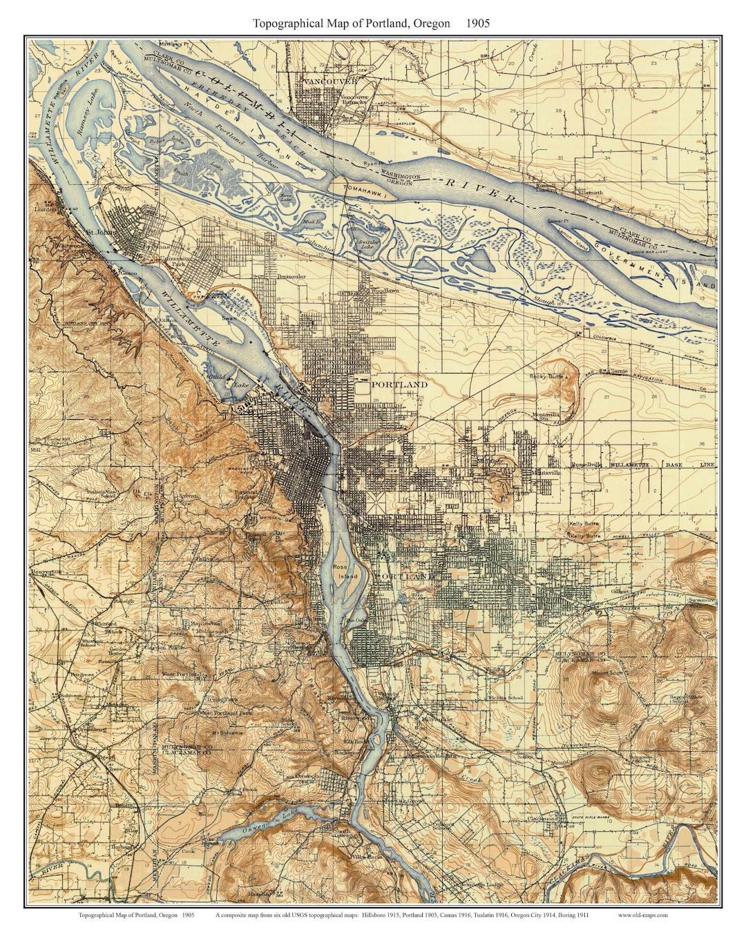 Portland - 1905 Old Topographic Map USGS Custom Composite Reprint ...
