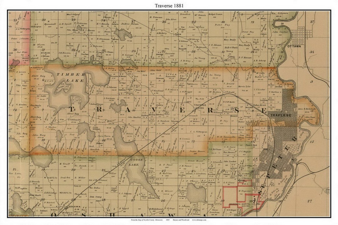 Traverse 1885 - Old Town Map With Homeowner Names Minnesota - Reprint ...