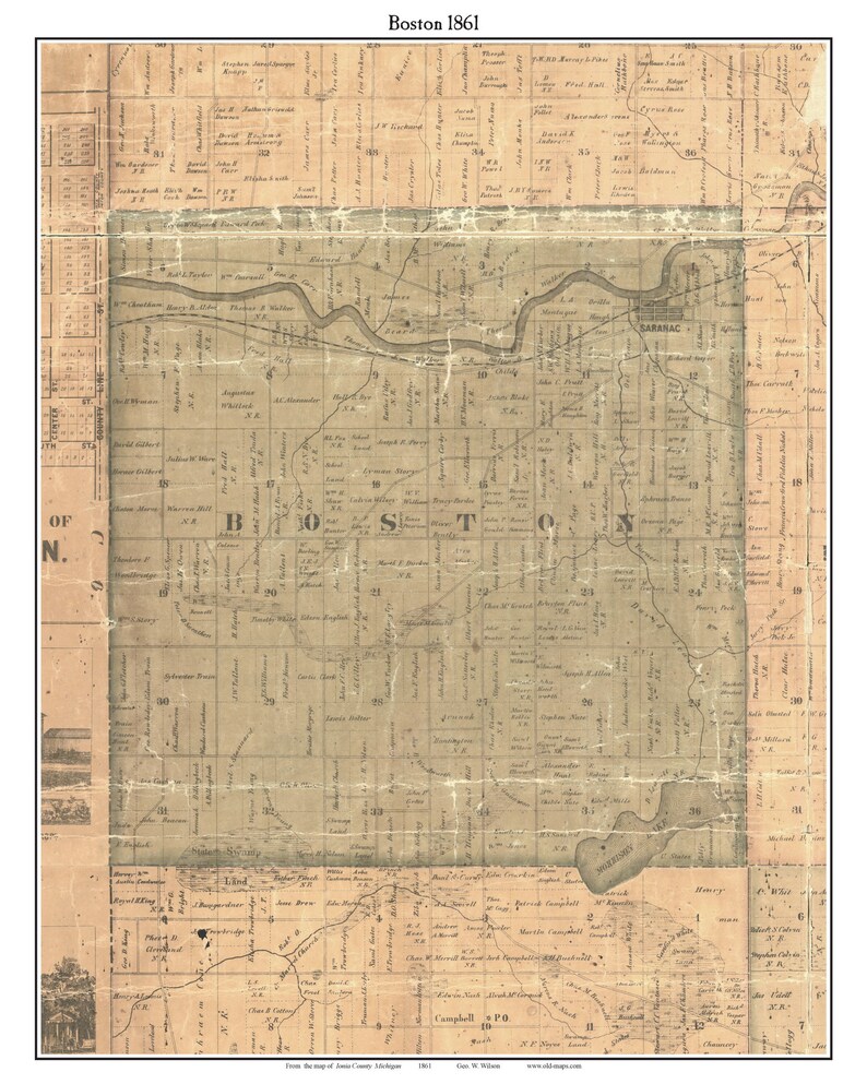 Boston 1861 Old Town Map With Homeowner Names - Saranac - Morrison Lake ...