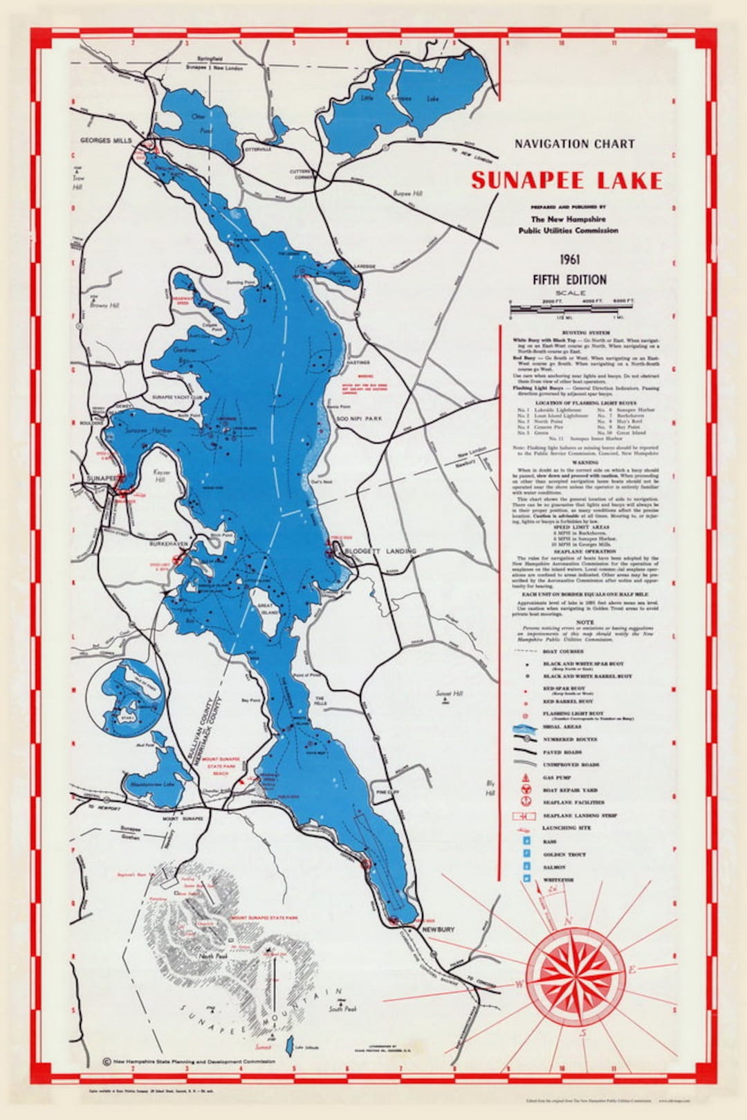 Lake Sunapee 1961 Navigation Old Map Reprint - New Hampshire Lakes - Etsy