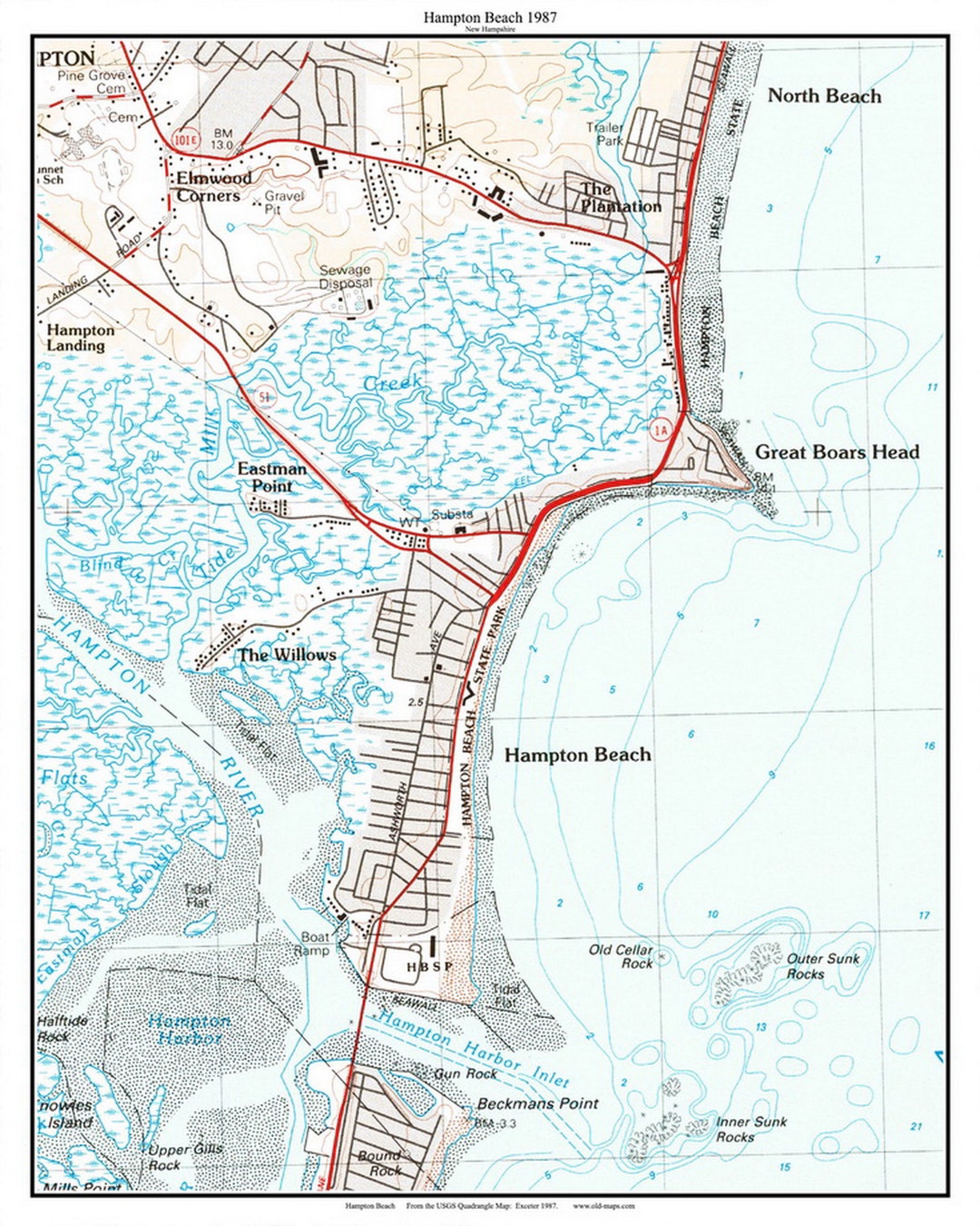 Hampton Beach 1987 Old Topographic Map USGS Custom Composite Reprint ...