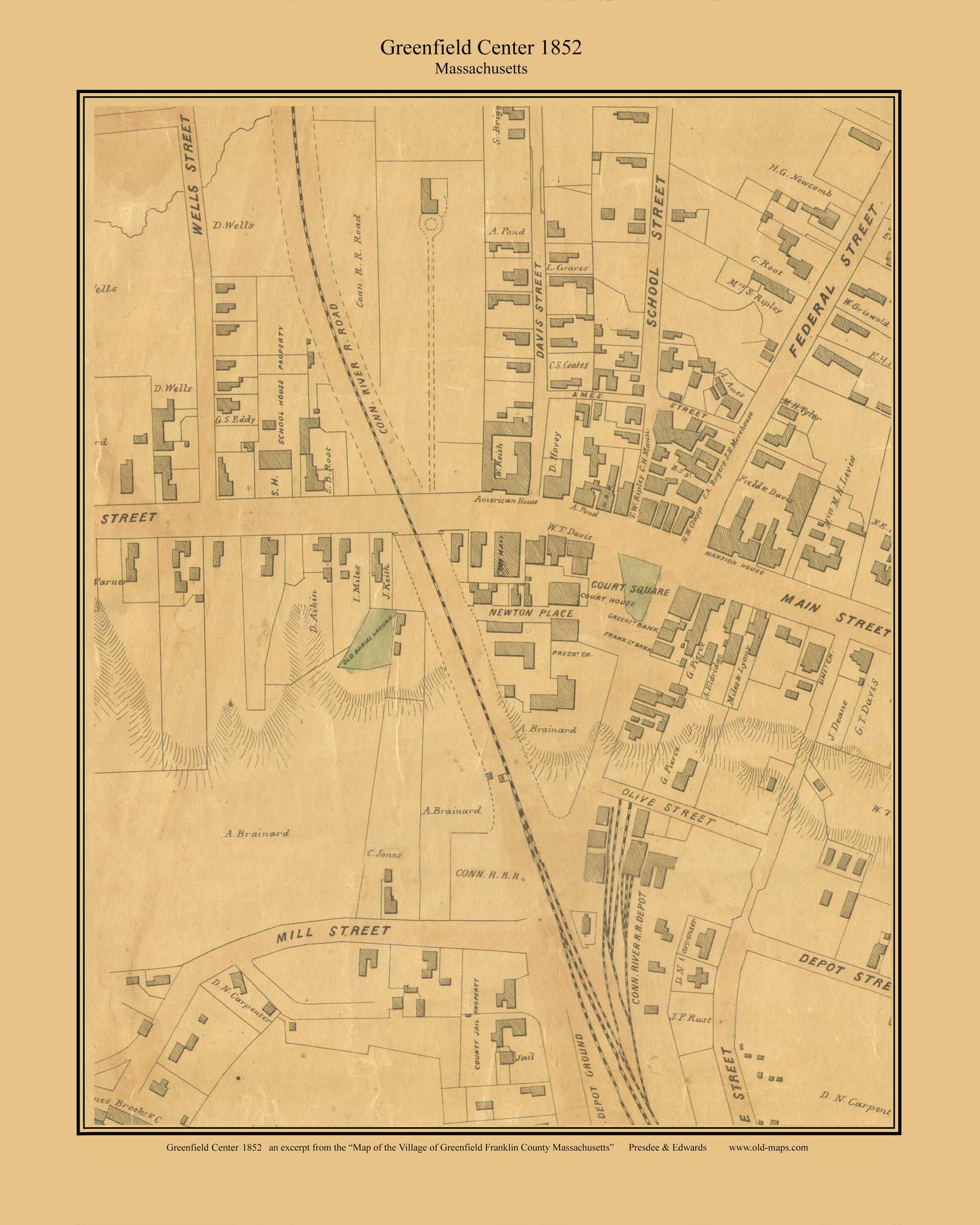 Greenfield Center, Massachusetts 1852 Old Village Map Custom Print ...