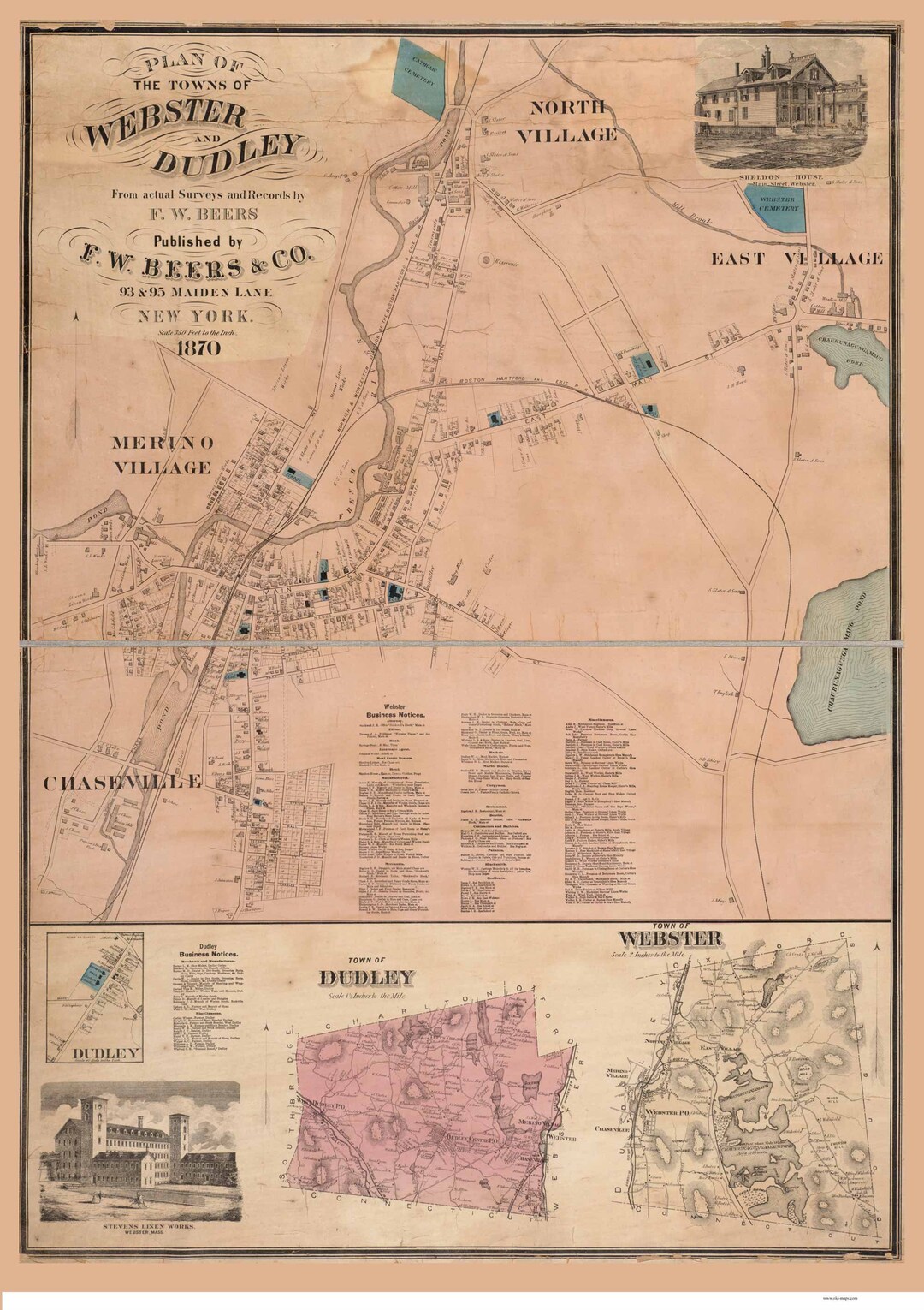 Webster & Dudley 1870 - Old Town Map - Homeowner Names - Worcester ...