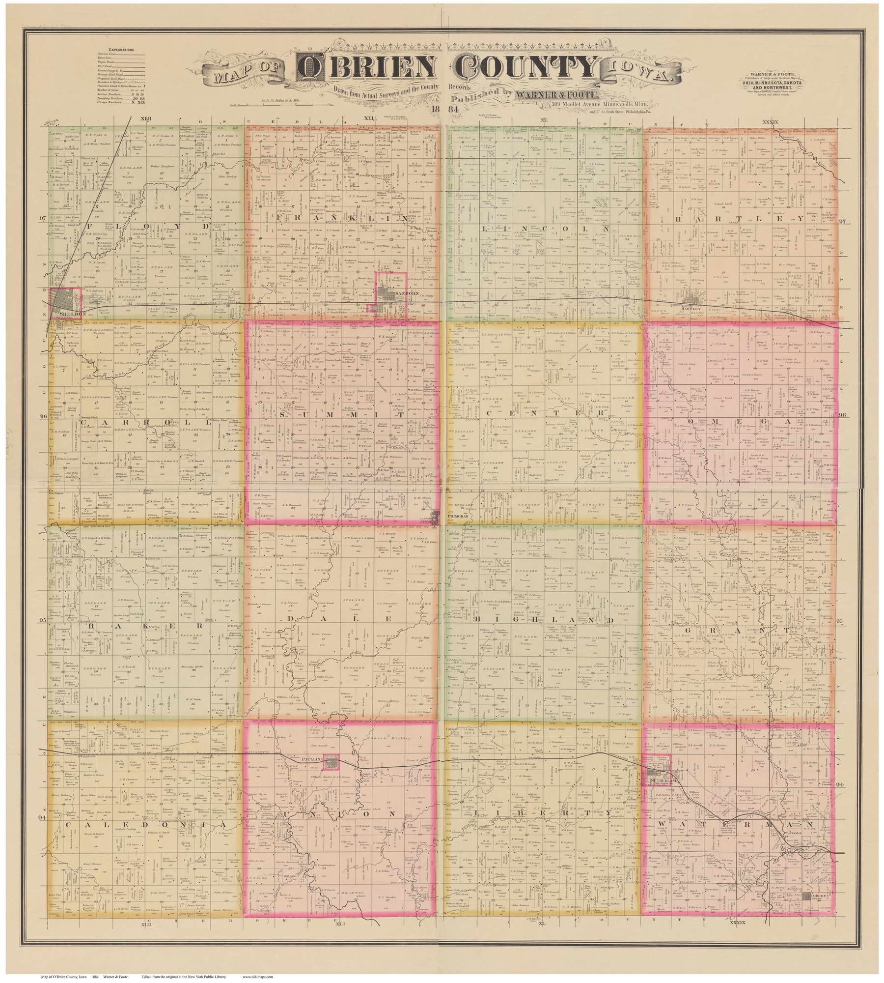 O'Brien County Iowa 1884 Old Wall Map with Landowner Names Farm Lines ...