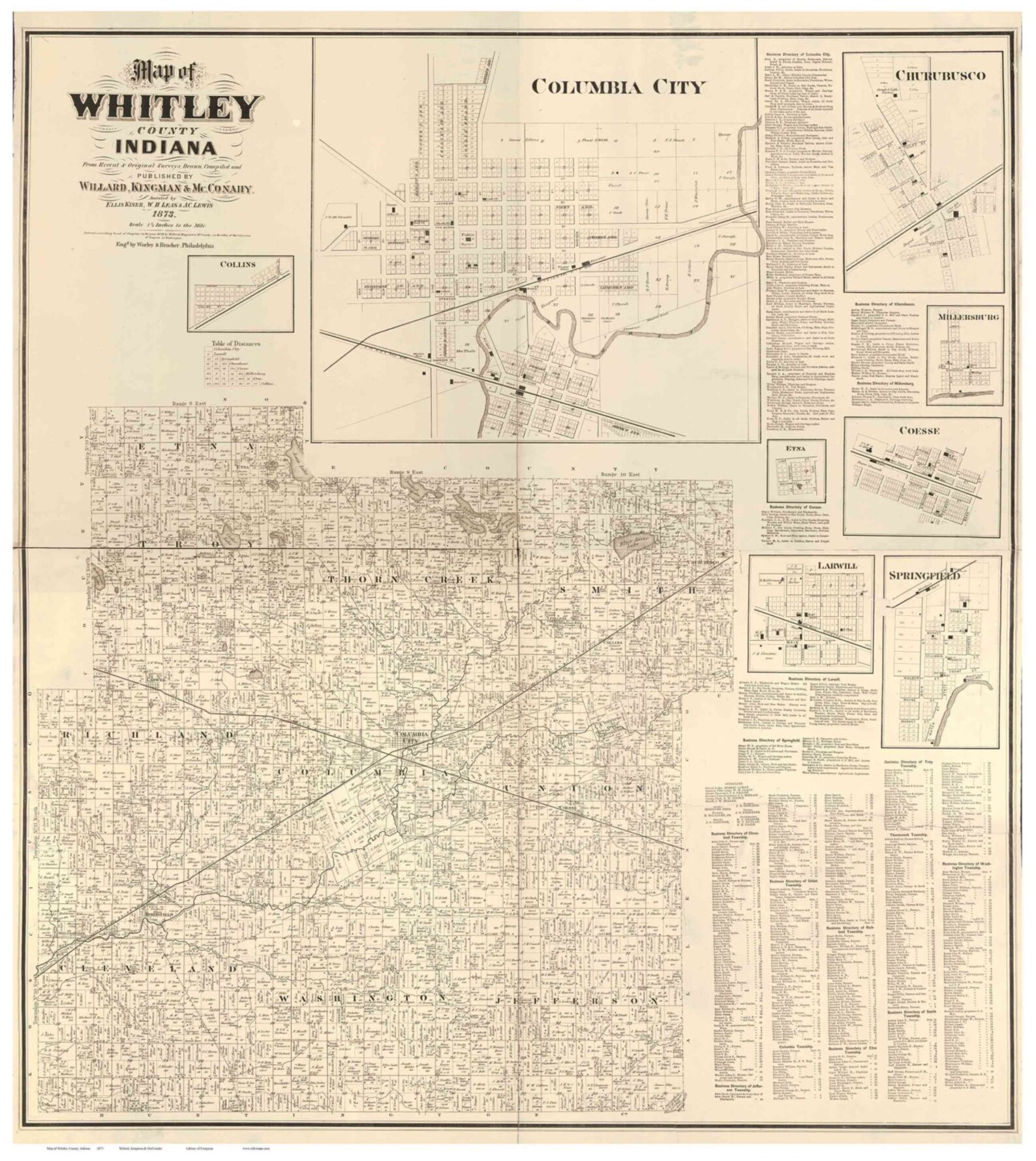 Whitley County Indiana 1873 Old Wall Map Reprint With | Etsy