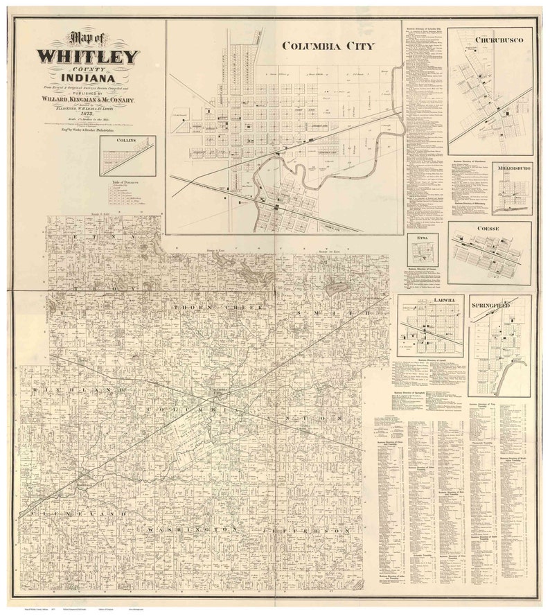 Whitley County Indiana 1873 Old Wall Map Reprint With - Etsy
